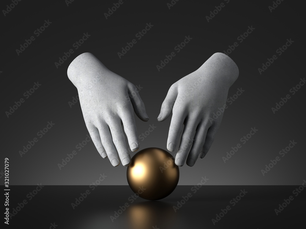 3d render mannequin hands touching golden ball magical trick, palmistry ...