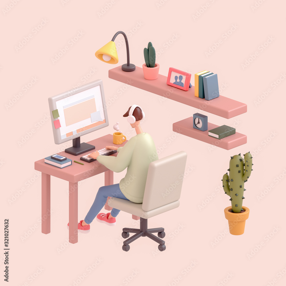 Young man sitting at office desk working on a computer. Cartoon guy ...