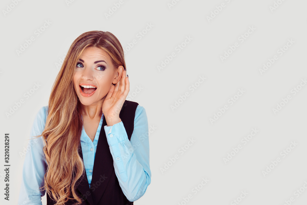 Eavesdropping. Closeup portrait happy nosy woman hand to ear gesture ...