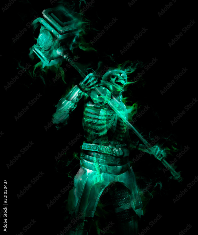 A spooky skeleton Ghost with a huge hammer in his hands, equipped in ...