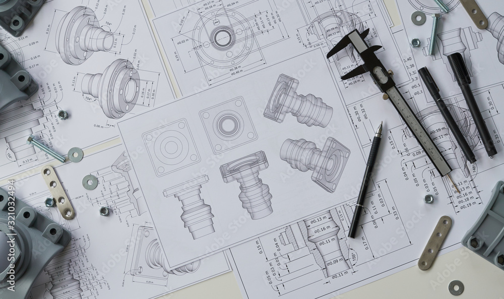 Engineer technician designing drawings mechanical parts engineering ...