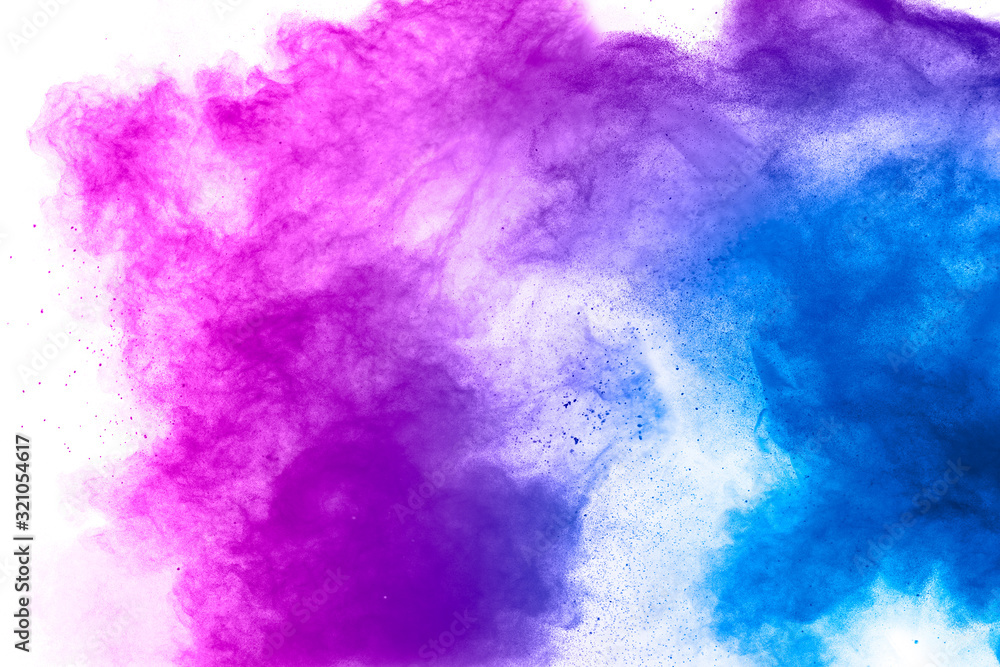 Explosion of blue pink colored powder isolated on white background.Pink ...