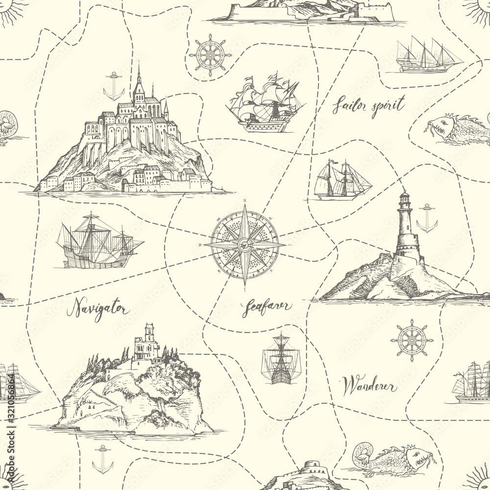 Vector abstract seamless pattern on the theme of travel, adventure and ...