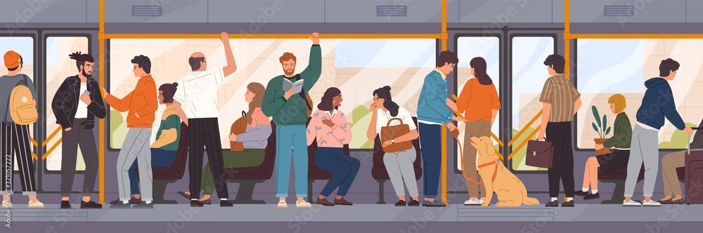 Different cartoon people go by public transport vector flat ...