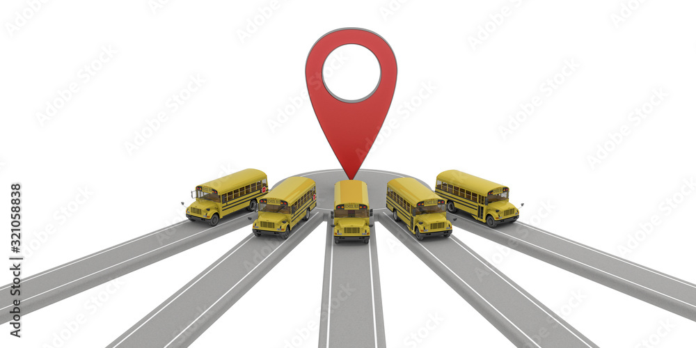 group of school buses at one map point Stock Photo | Adobe Stock