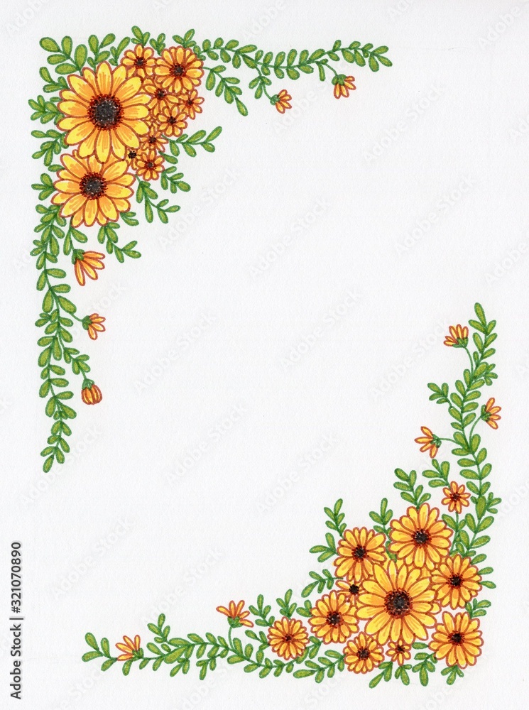 Hand drawn yellow flowers frame border, Botanical illustration for ...