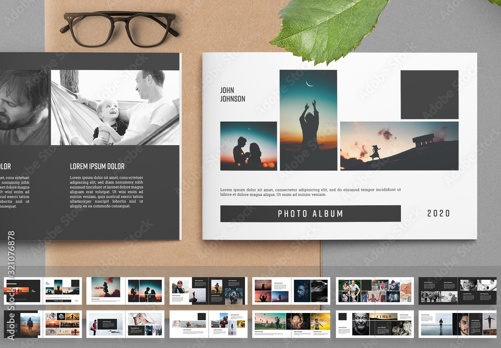 Photo Album Layout with Black Accents Stock Template | Adobe Stock