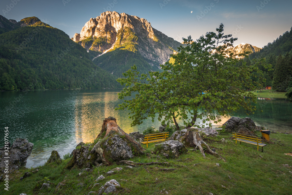 Lago del Predil mountain lake near Cave del Predil, Italy Stock Photo ...