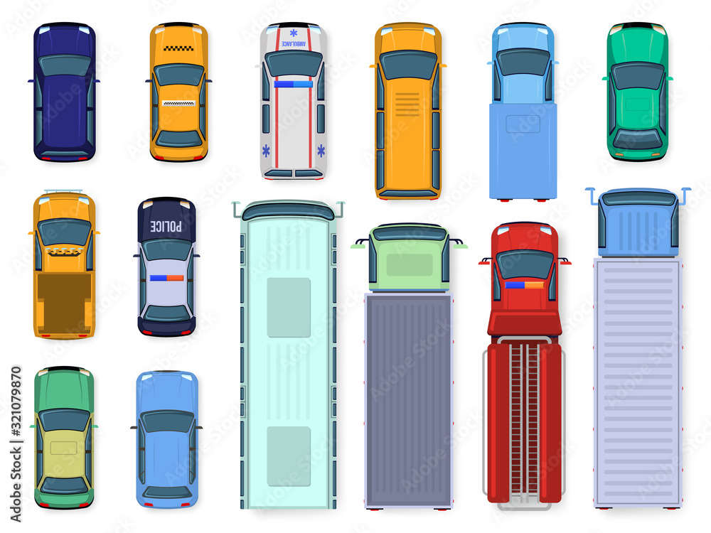 Car top view. Street vehicle engine roof viewing, traffic cars, city ...