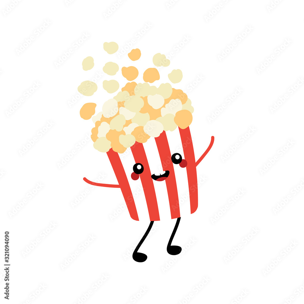 Cute cartoon style popcorn bucket character having fun, jumping ...