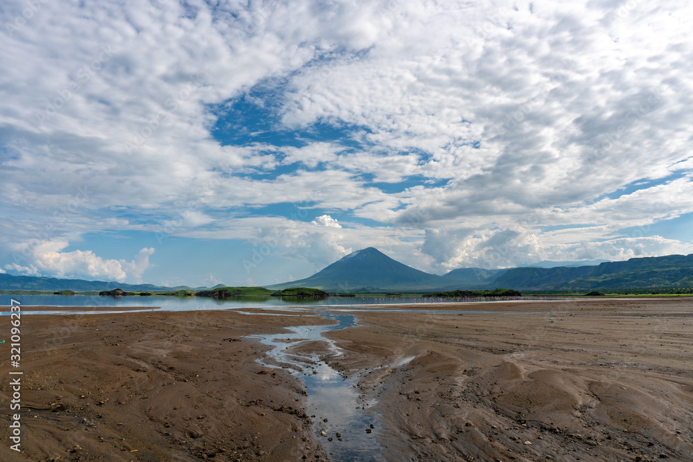 Pink lesser Flamingos at Lake Natron with Ol Doinyo Lengai volcano on ...