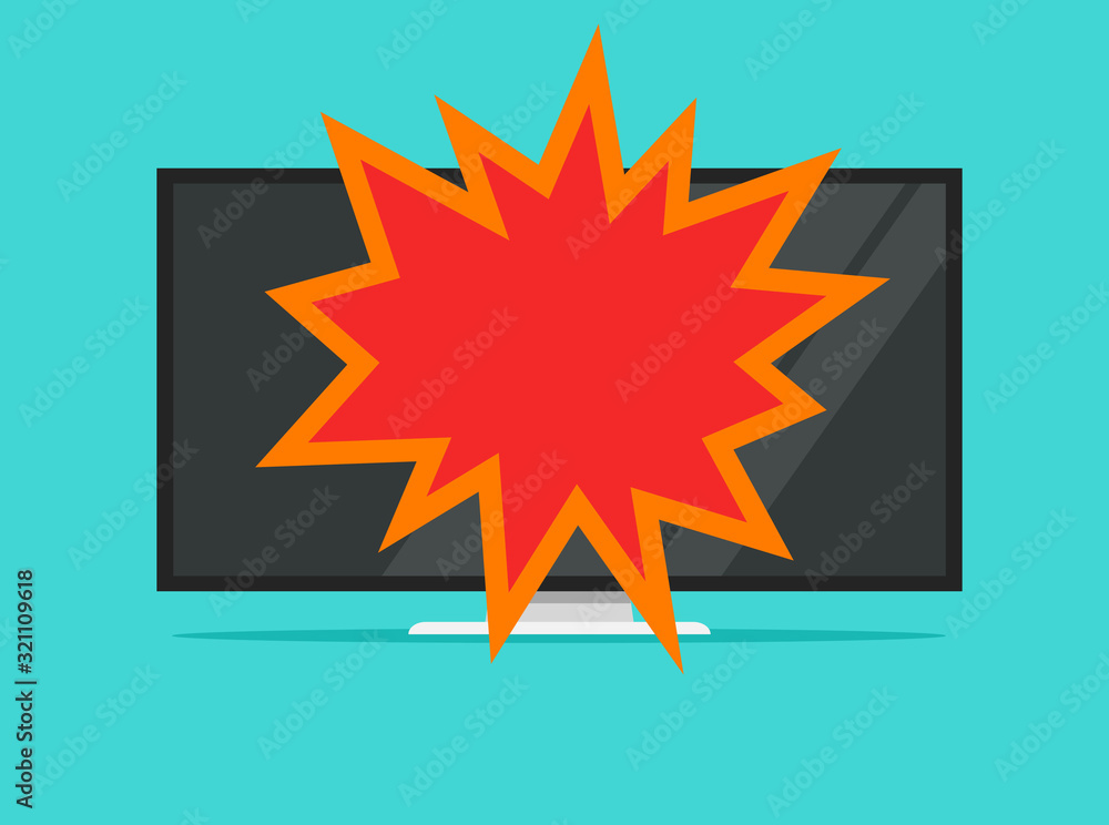 Broken led tv screen or crashed computer monitor vector flat cartoon ...