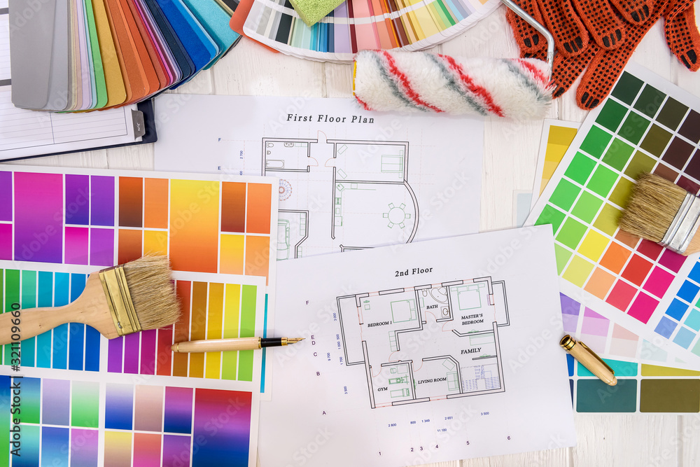 House plan with color palette and painting tools Stock Photo | Adobe Stock