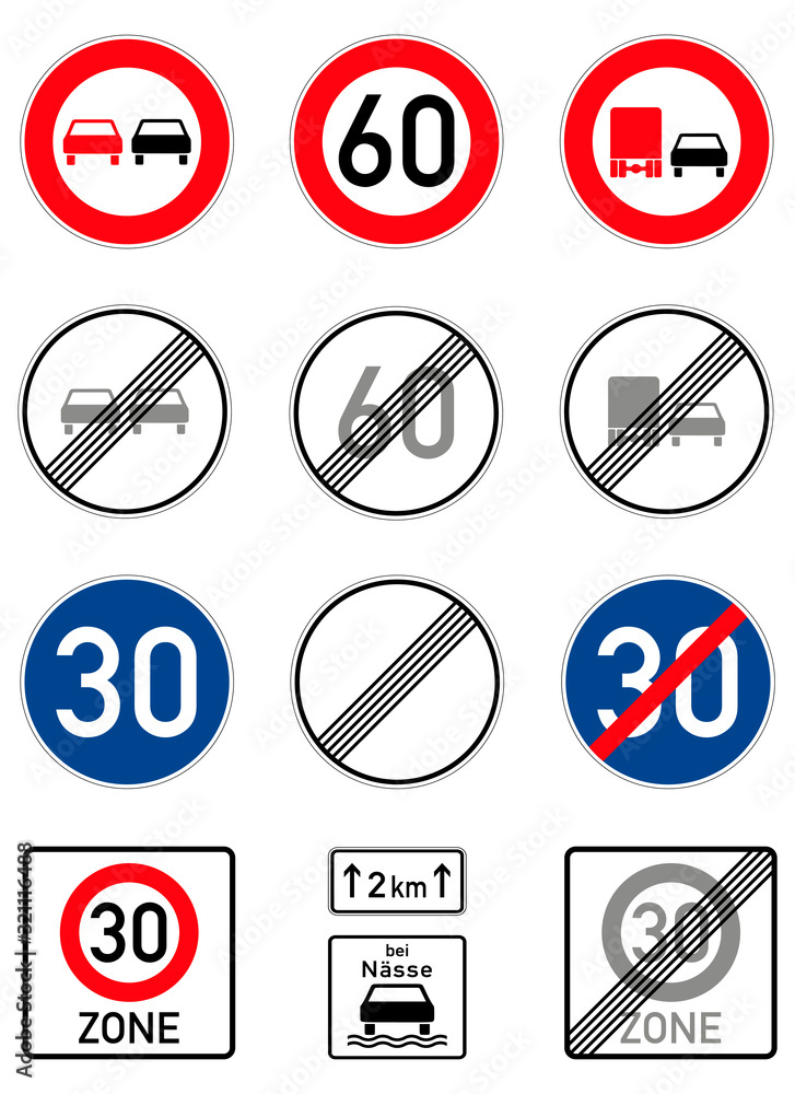 Set of road signs. Speed limit. Ban overtaking. Germany. Europe. Vector ...
