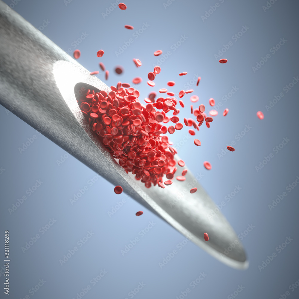Injection needle with red blood cells protruding from the tip. 3D ...