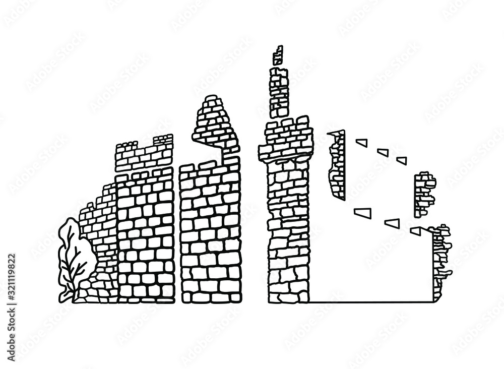 Jerusalem Wall outlined silhouette vector line art drawing isolated on ...
