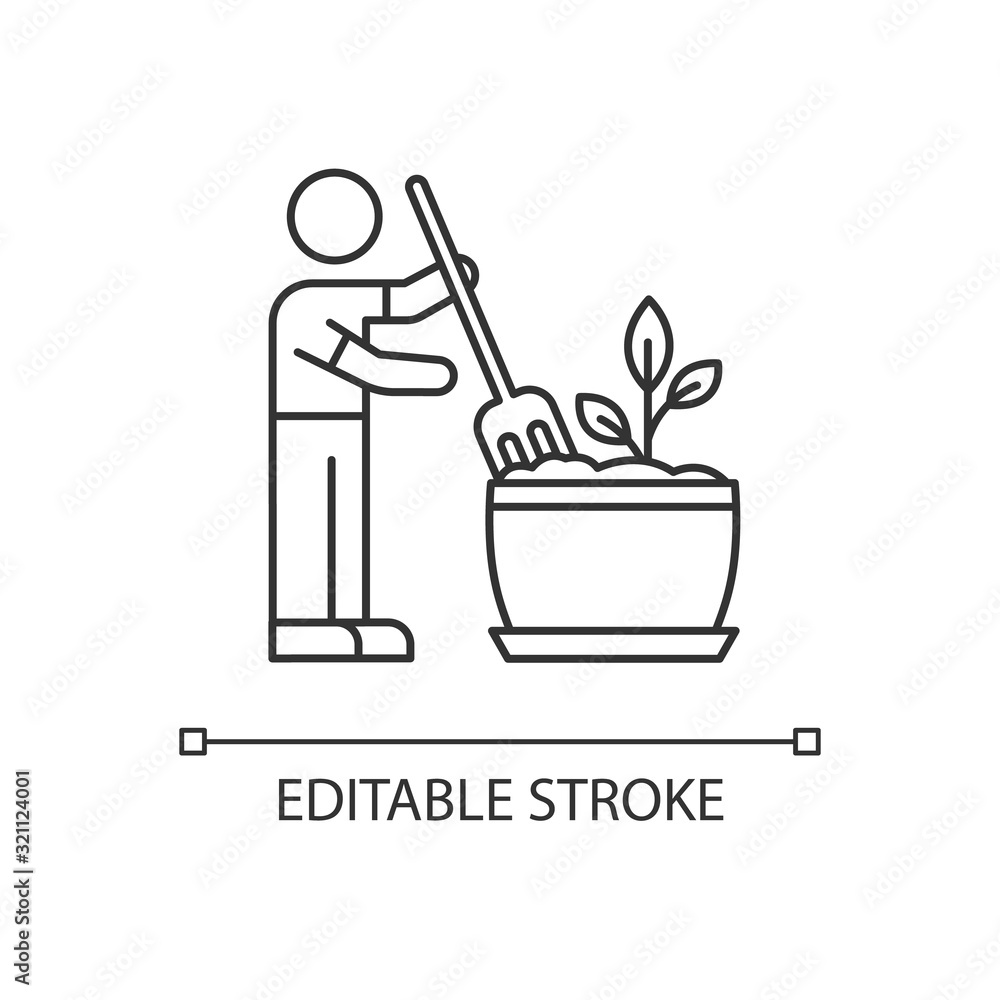 Soil fluffing pixel perfect linear icon. Plowing, ploughing earth ...