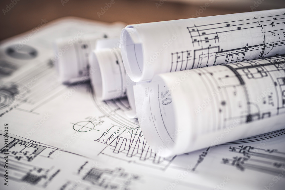 Engineering and technology of roll and flat technical drawing. Bunch of ...