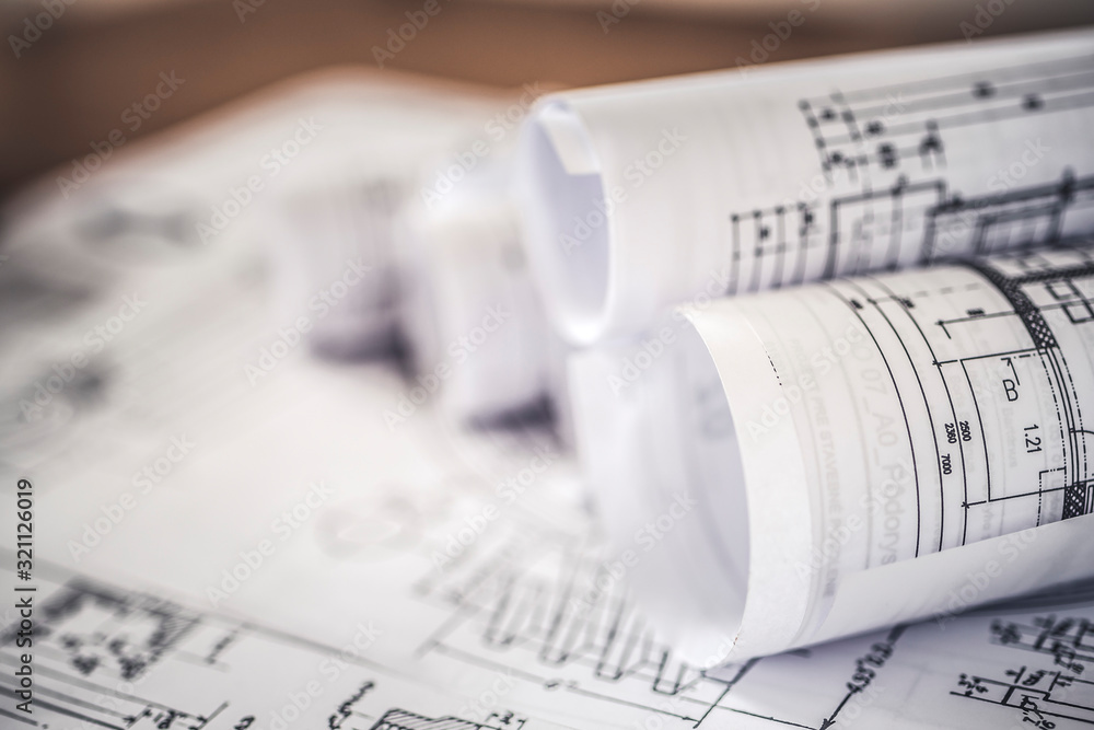 Engineering and technology of roll and flat technical drawing. Bunch of ...