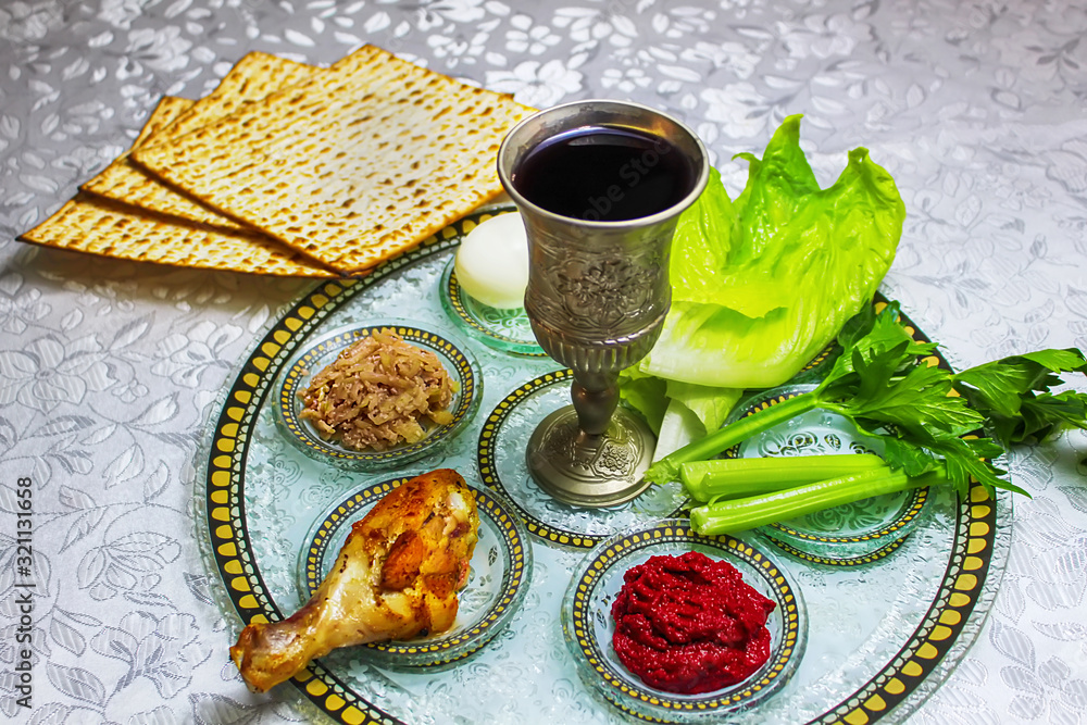Food for Pesach (Jewish Passover). Passover Seder plate (Passover bowl ...