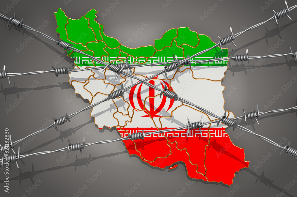 ภาพประกอบสต็อก Map of Iran with barbed wire, 3D rendering ภาพ | Adobe Stock