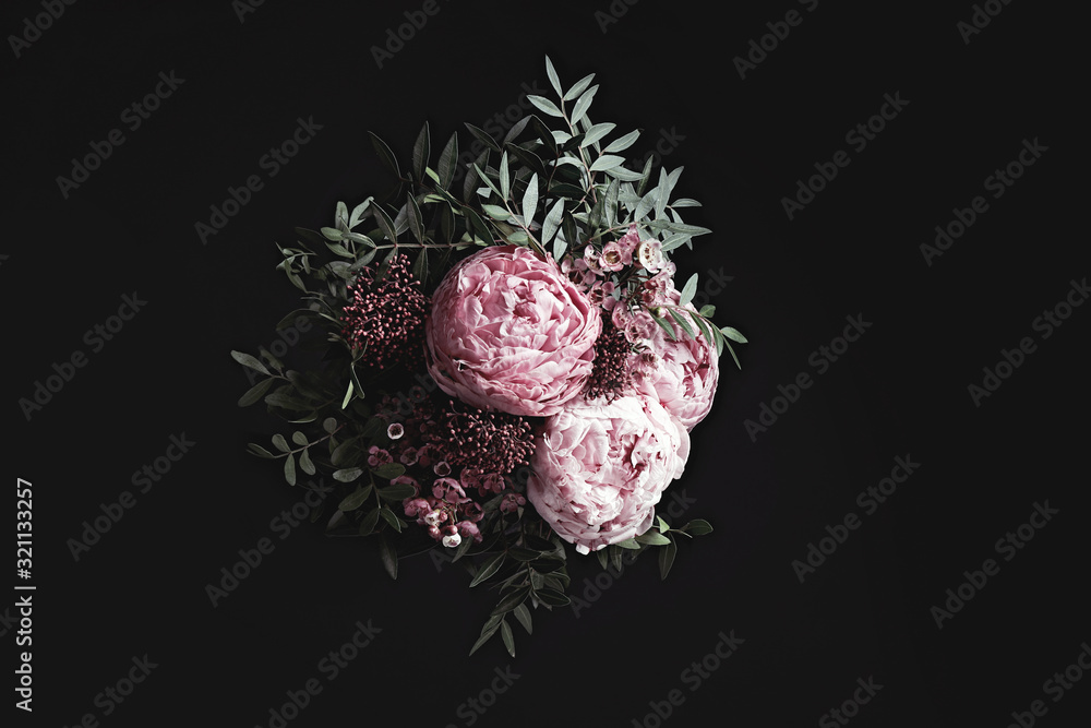 Bouquet of beautiful flowers on black background. Floral card design ...