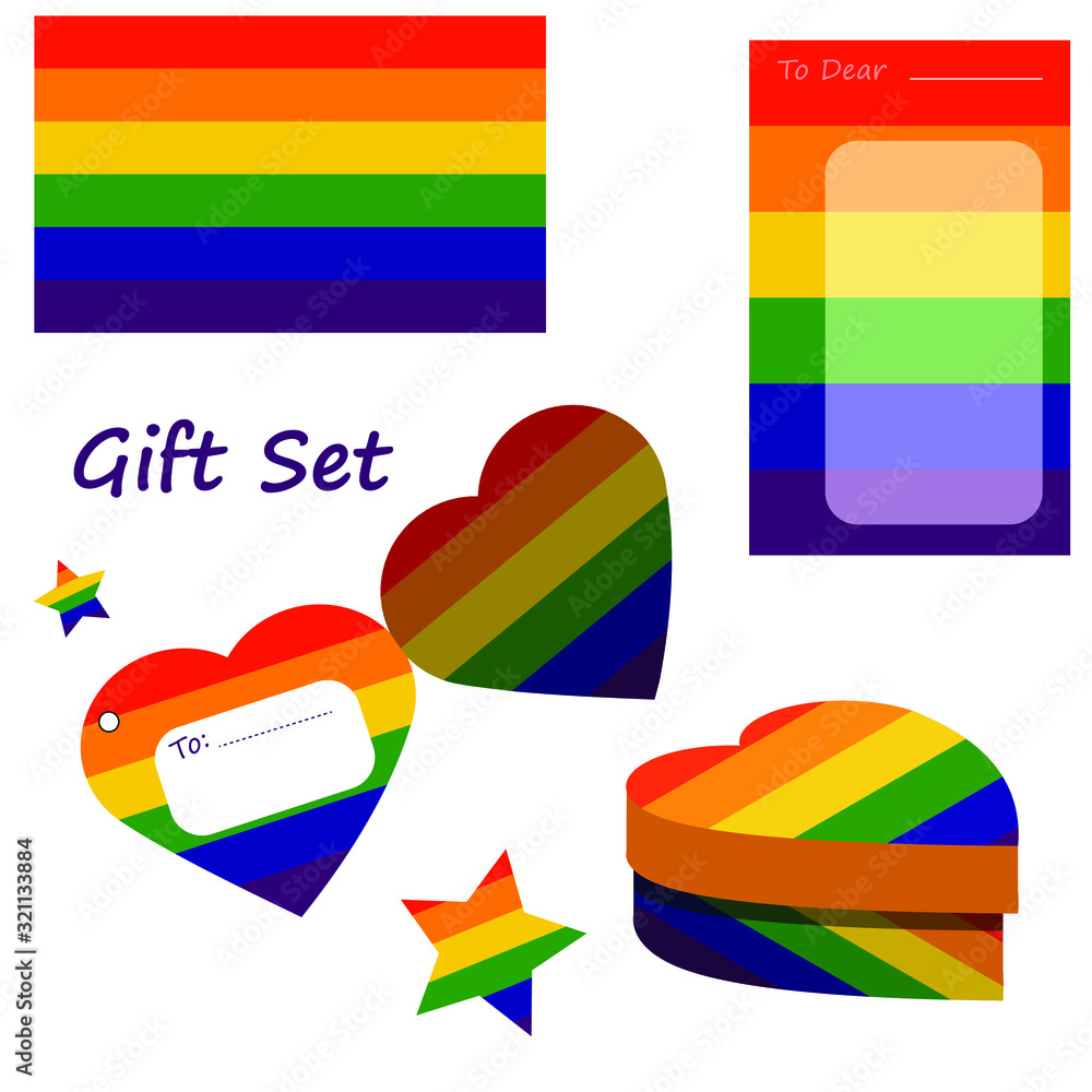 Rainbow colors gift set. Isometric present box, stars, hearts and ...
