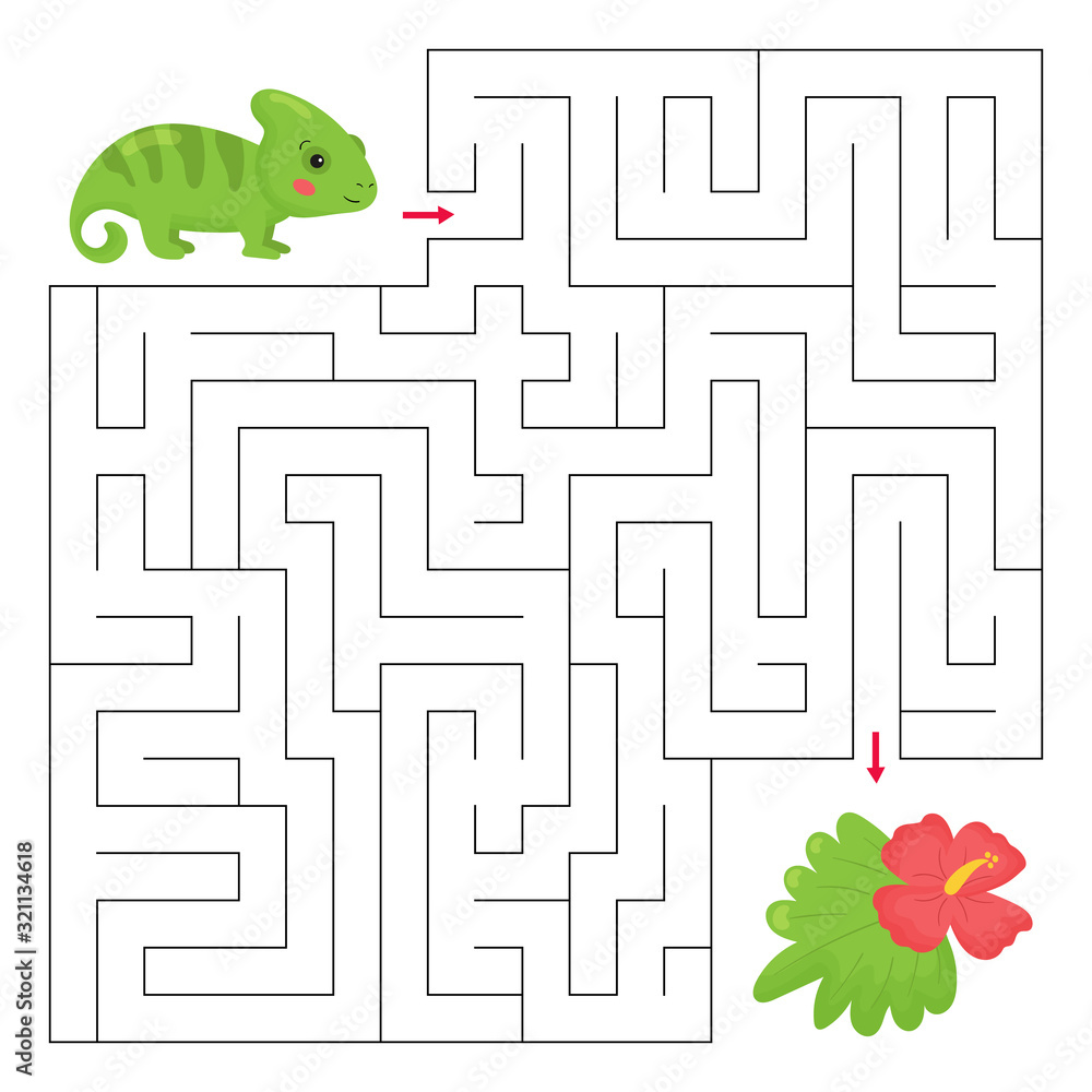 Maze game for preschool children. Cartoon chameleon with exotic ...