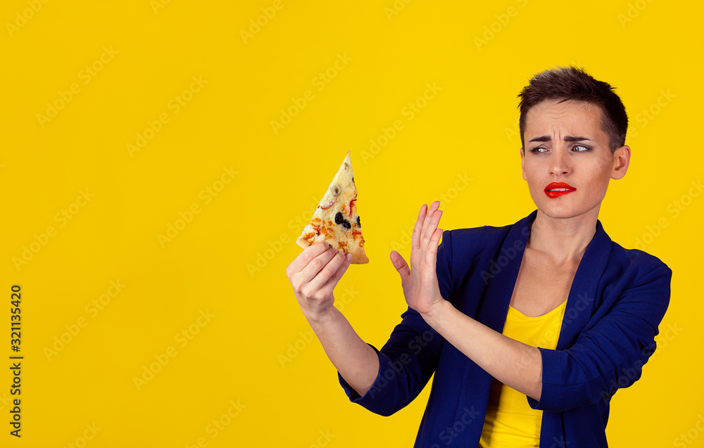 Closeup portrait serious business woman saying no to fatty pizza ...