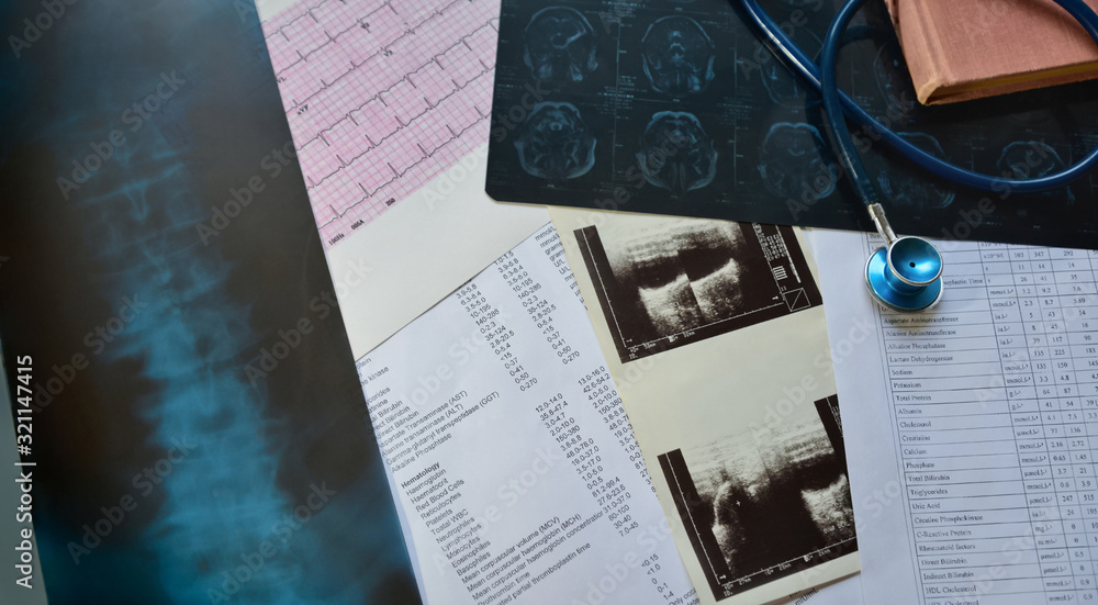 Source medical documents as medical laboratory report and ranges, X-ray ...