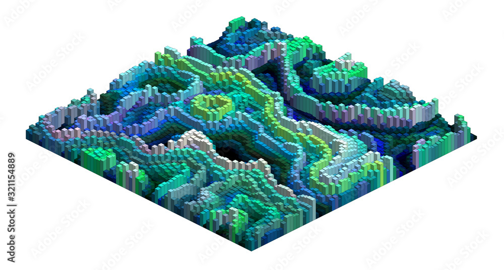 Voxel mountain landscape pixel art sample - 3D brick canyon - isometric logarithmic model relief ...