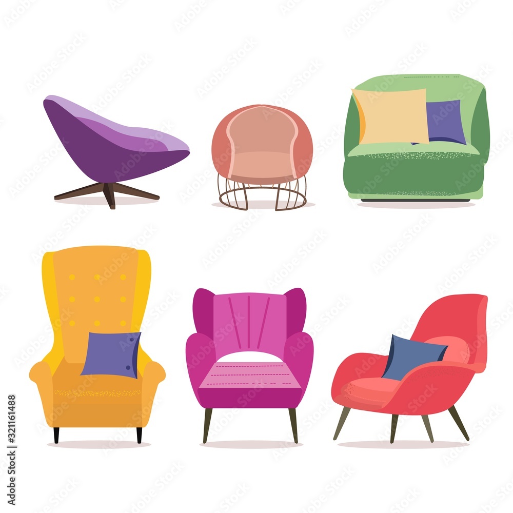 Set different chairs. Flat cartoon style vector illustration. Furniture ...