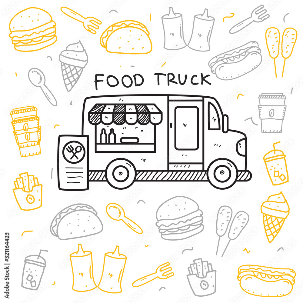 Food truck doodle vector illustration in cute hand drawn style isolated ...