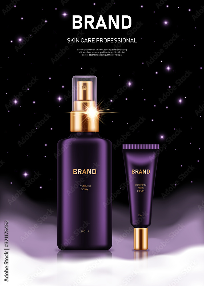 Realistic spray bottle and tube with golden lids on night background ...