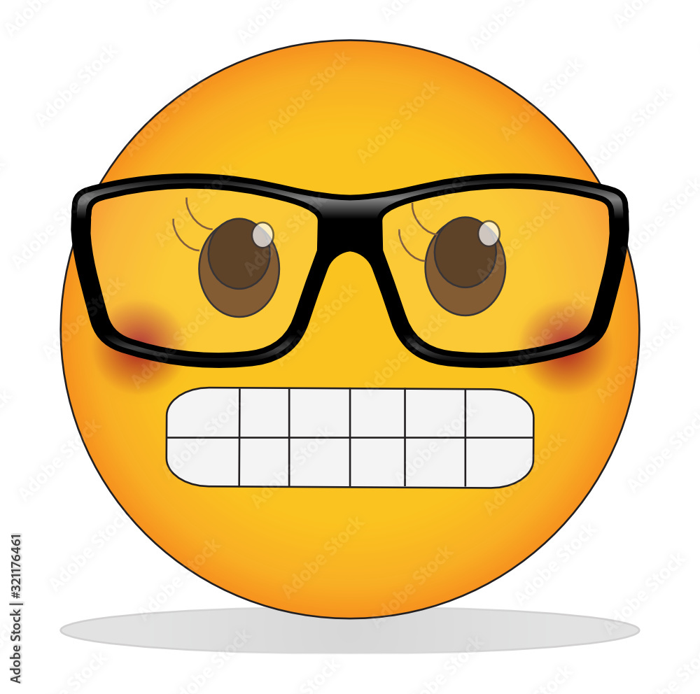 Geek emoji. Yellow face nerd emoticon wearing glasses, having a wide ...