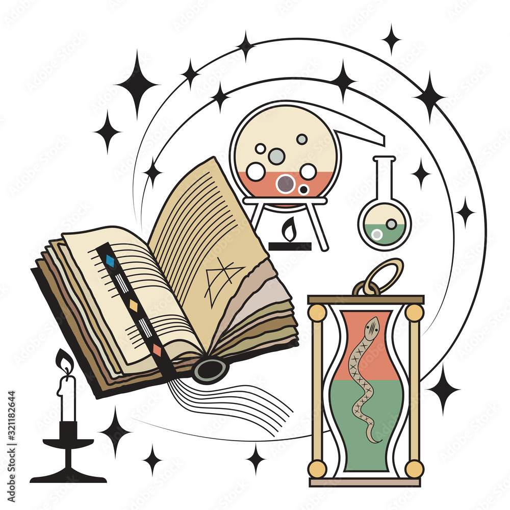 magic book, mysterious flasks with boiling potion, a vessel with a ...