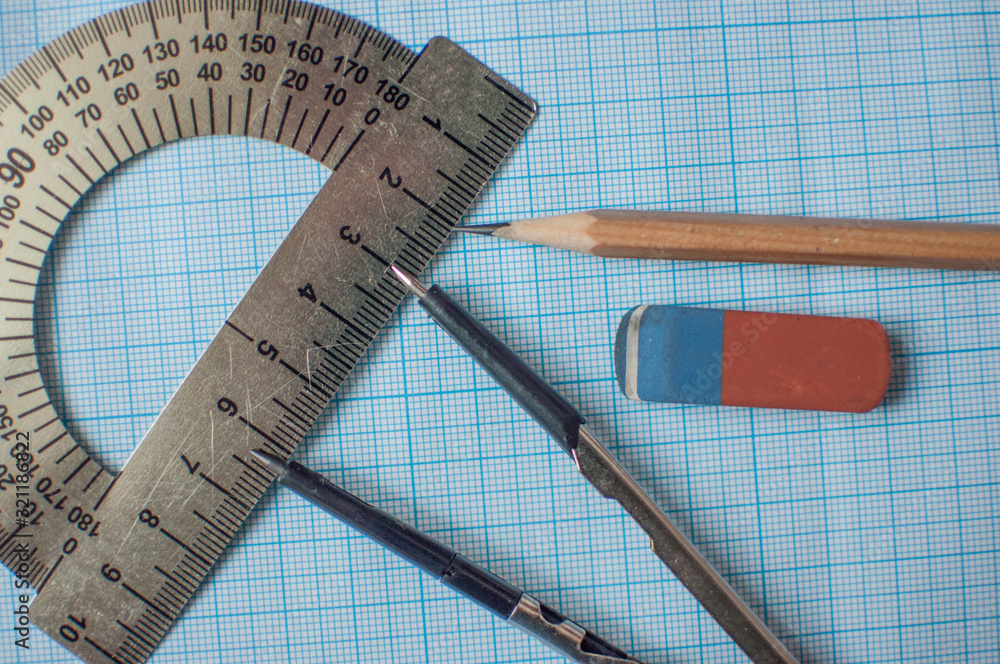 Mathematics geometry tool for student in math class with copy space for ...