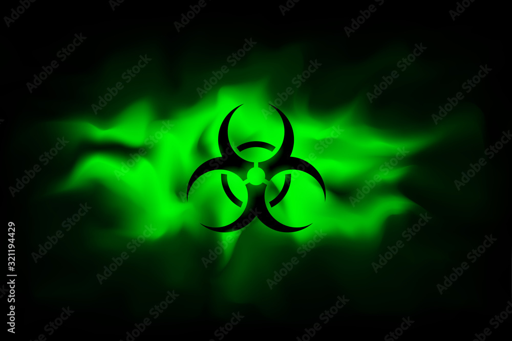 Biohazard sign on a background of infected green fog. Spreading smoke ...
