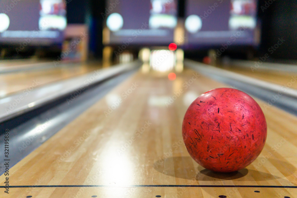 red bowling ball and blur background in bowling playground Stock Photo ...