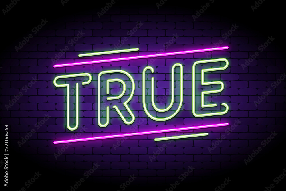 True news and real, honest facts. Neon and glowing letters on a brick ...