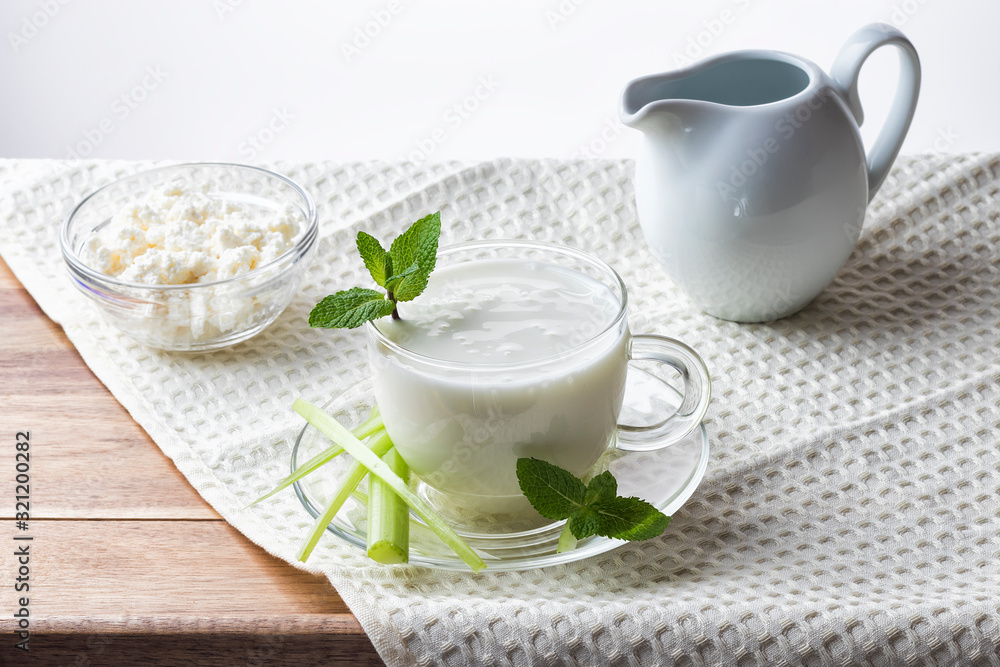 Airan or kefir drink, fermented milk drink, fermented probiotics on a ...