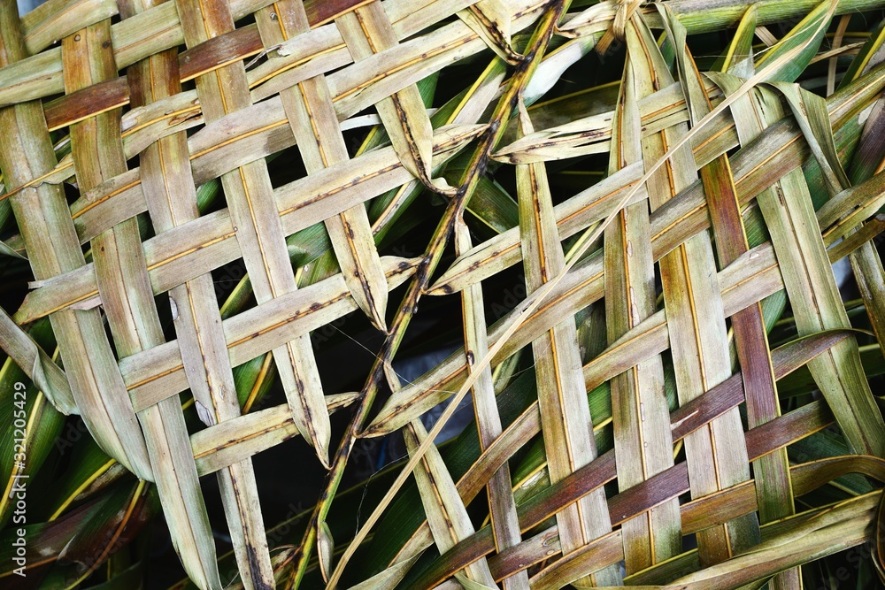 Woven palm leaf mesh grid with diagonal twig natural horizontal ...