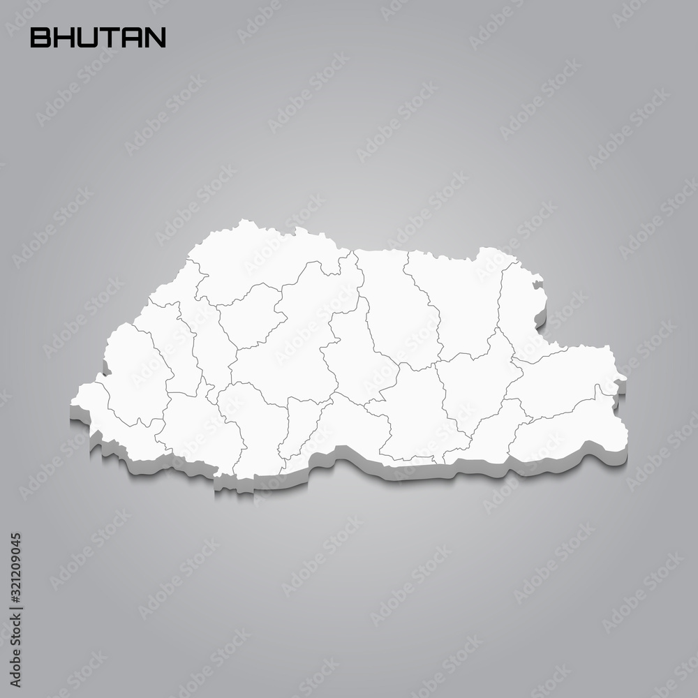 Bhutan 3d map with borders of regions Stock Vector | Adobe Stock