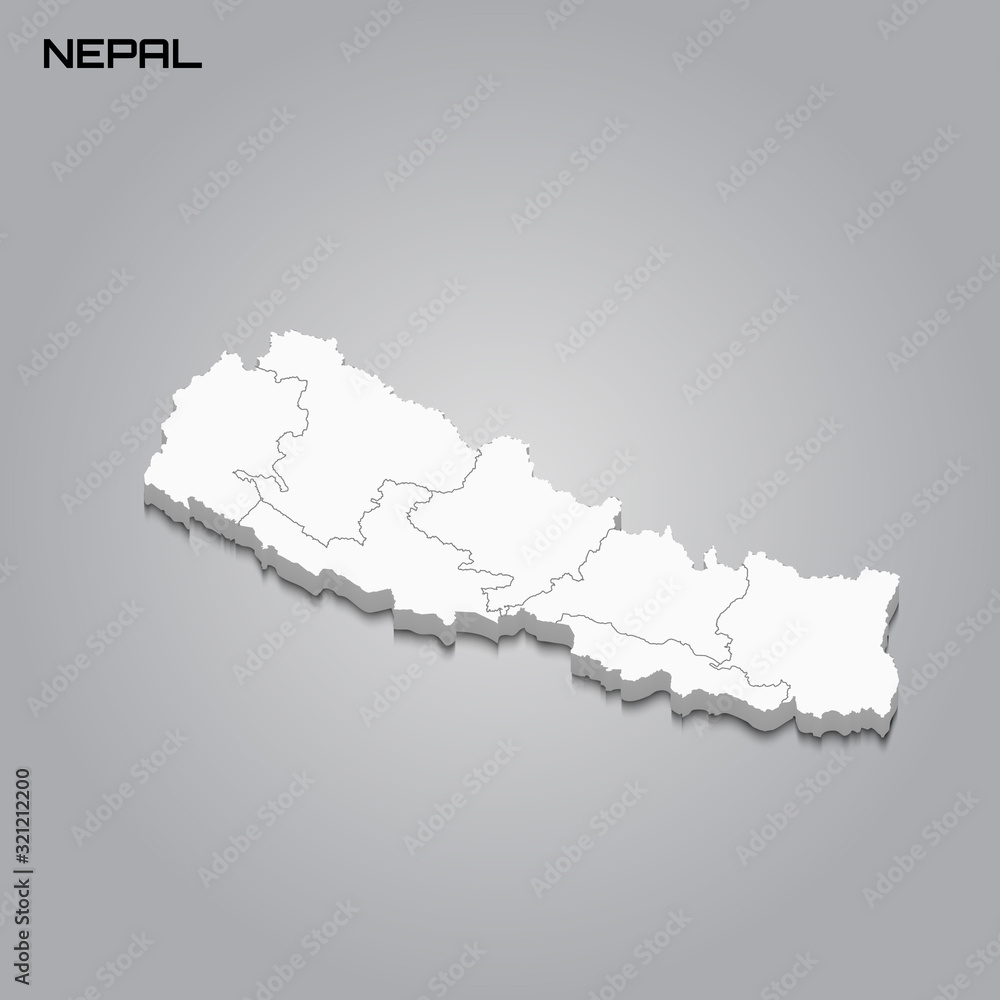 Nepal 3d map with borders of regions Stock Vector | Adobe Stock