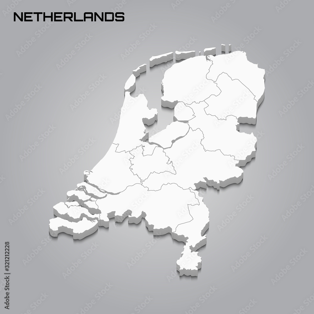 Netherlands 3d map with borders of regions Stock Vector | Adobe Stock