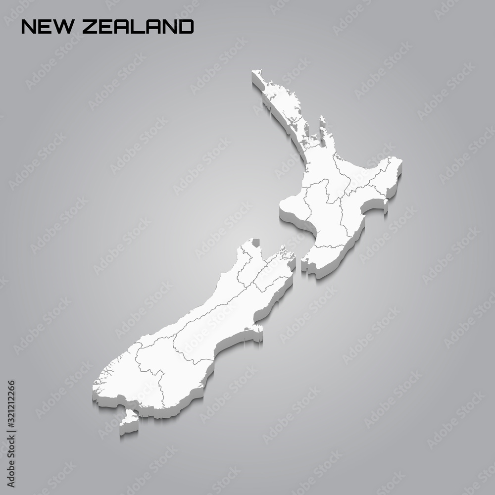 New Zealand 3d map with borders of regions Stock Vector | Adobe Stock