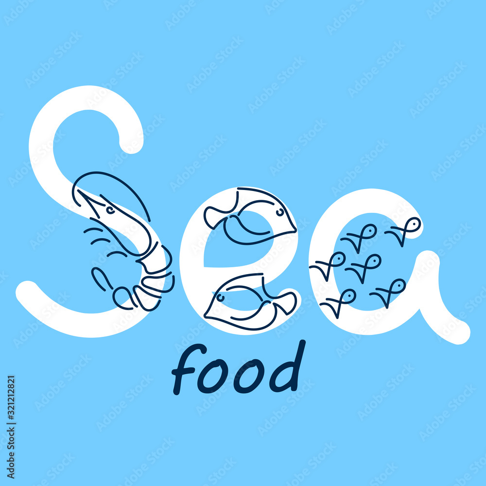 Seafood. Hand drawn calligraphy, lettering, typography for poster, logo ...