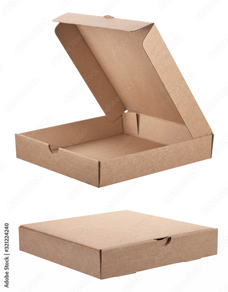 Set of two angles of a cardboard packaging box for flat items with an ...