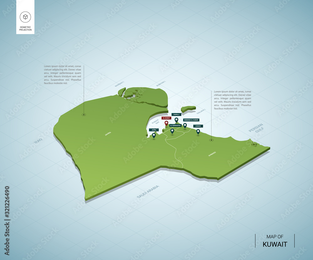 Stylized map of Kuwait. Isometric 3D green map with cities, borders ...