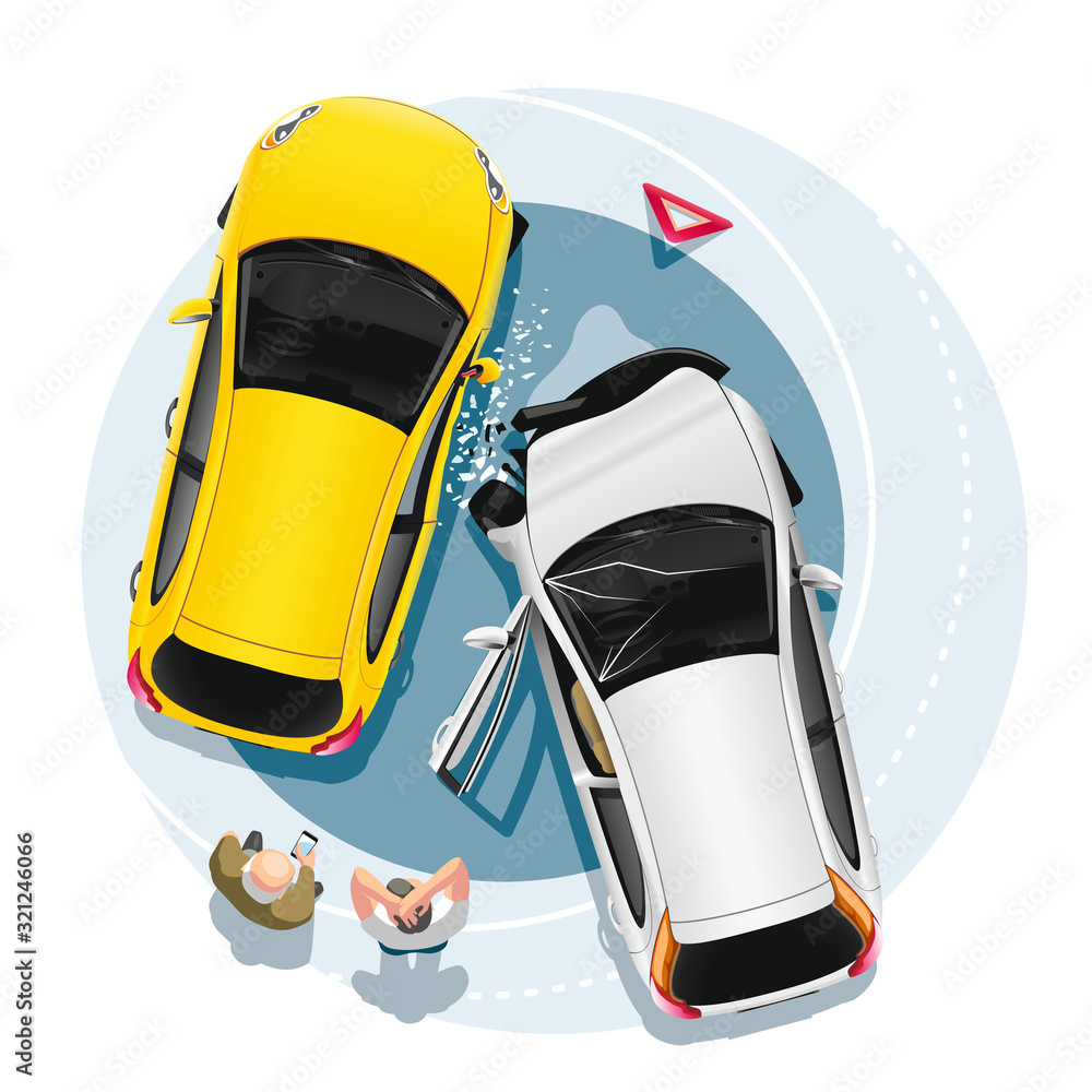 Two drivers stand near their cars after a collision in an accident ...